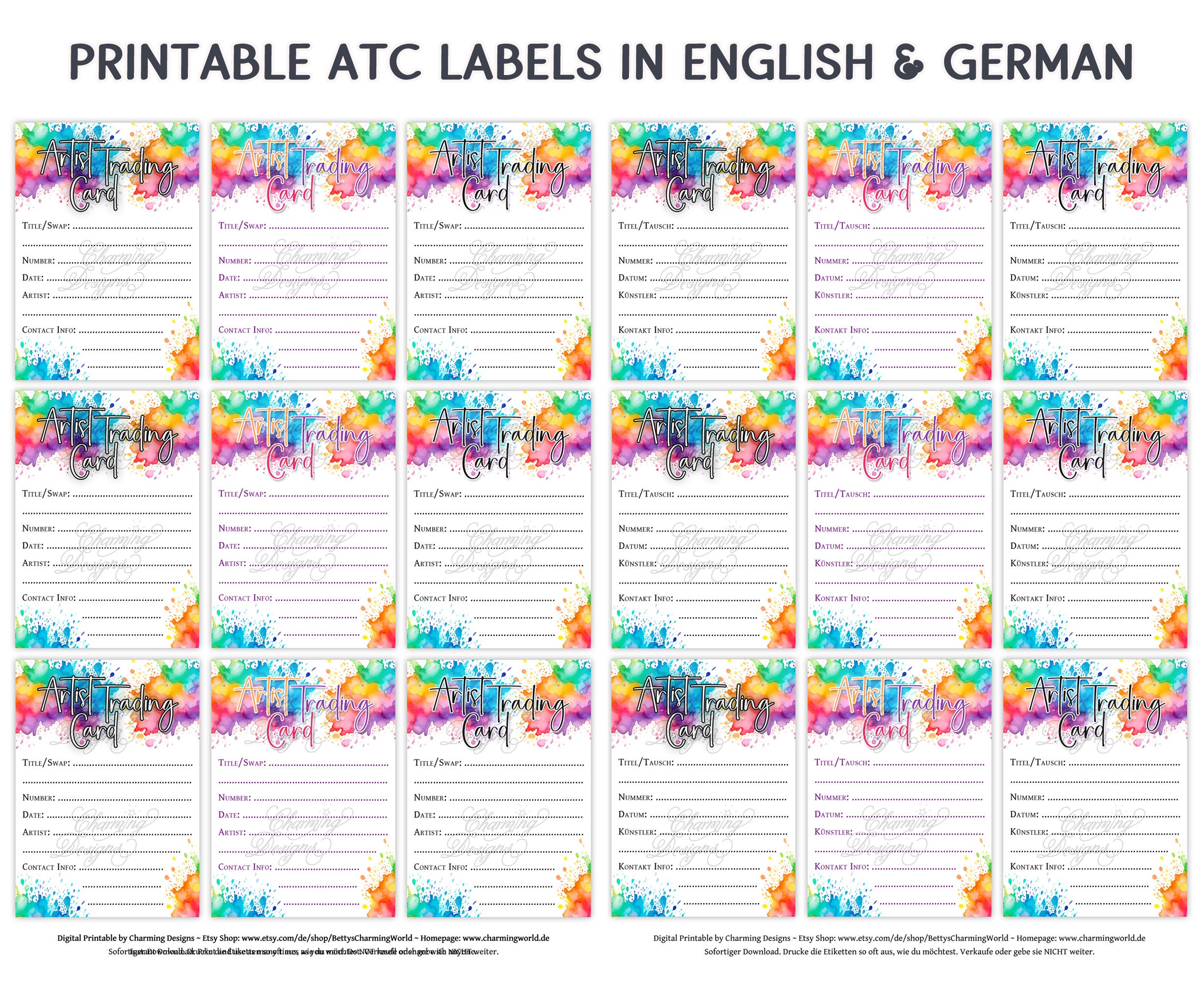 ATC Back Sides, Colorful Artist Trading Card Label, Digital Download ...