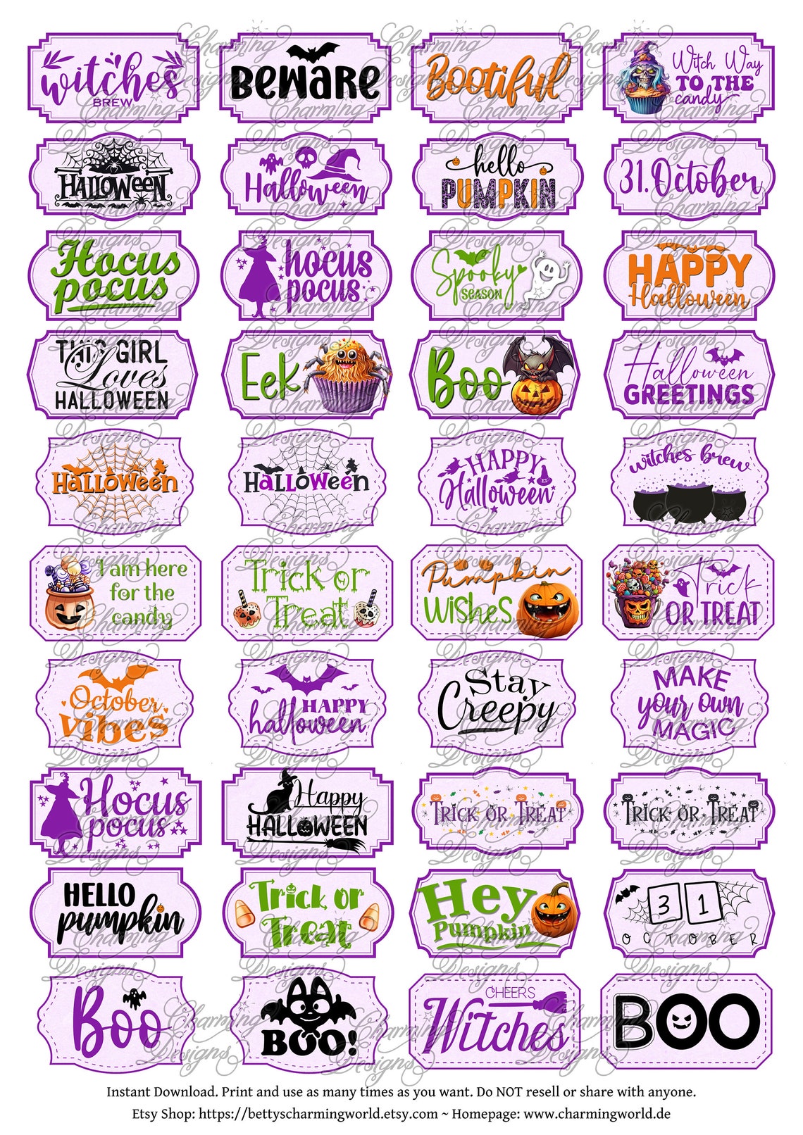 Halloween Labels, Digital Sticker, Halloween Words & Quotes, Printable ...