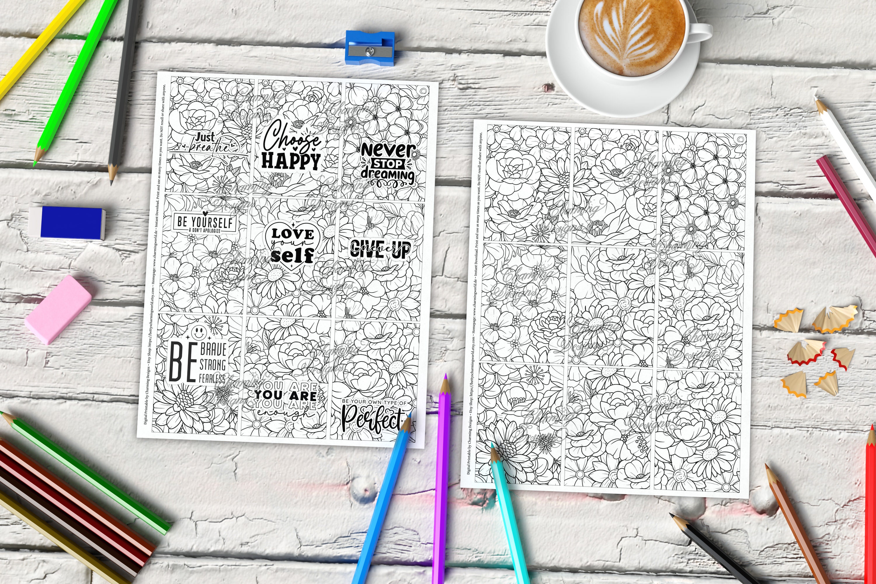 Printable Affirmation Cards, Coloring Cards With Flowers, Floral Artist ...