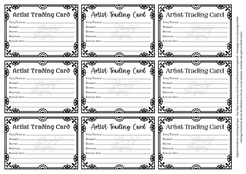 ATC Back Sides, Horizontal Artist Trading Card Label, Digital Download ...
