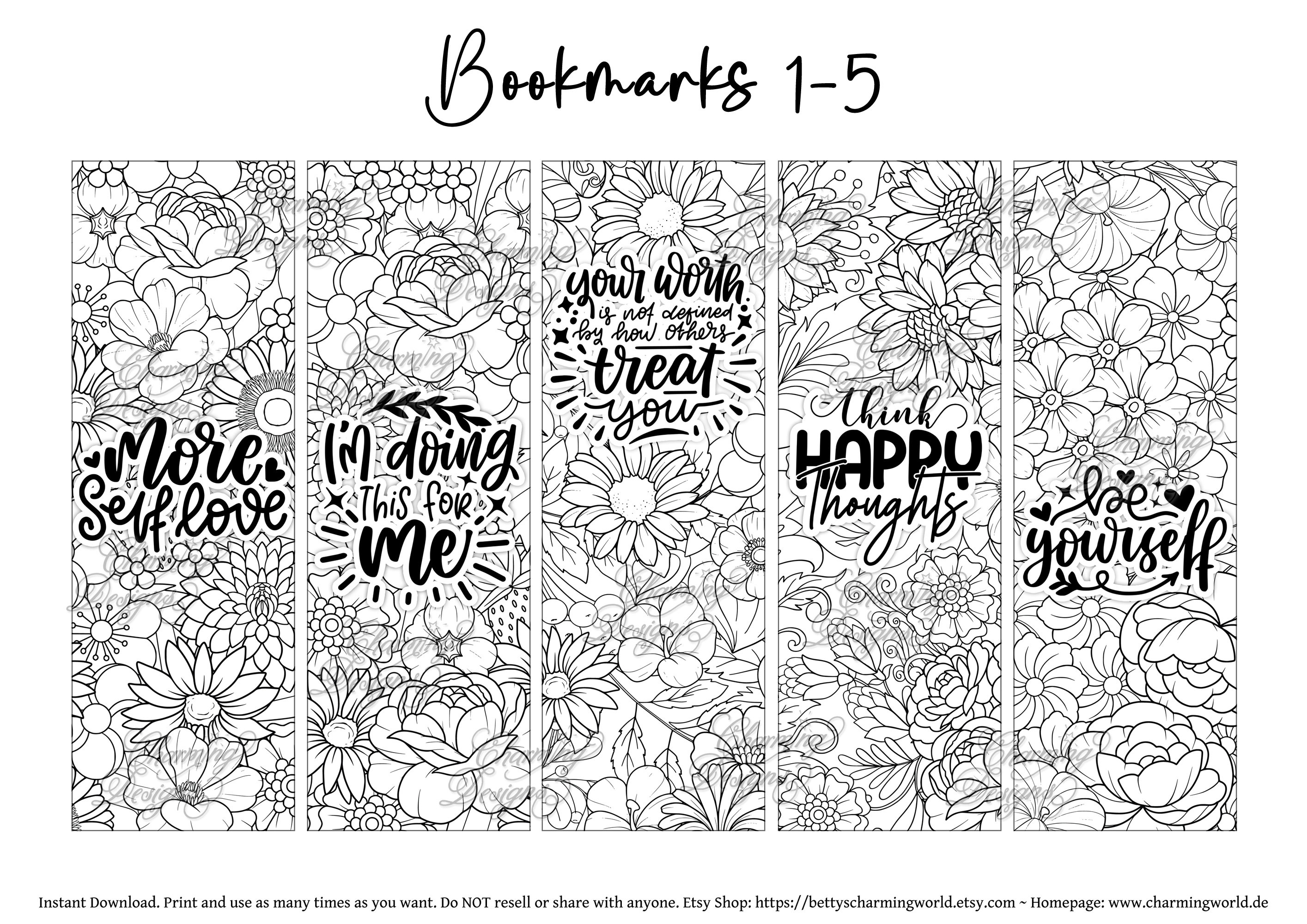 Coloring Bookmarks With Flowers, Floral Bookmarks With Positive ...