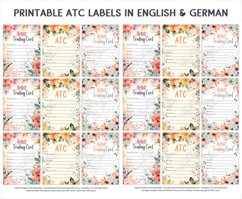 ATC Back Sides, Artist Trading Card Label, Colorful Floral ATC Backs ...