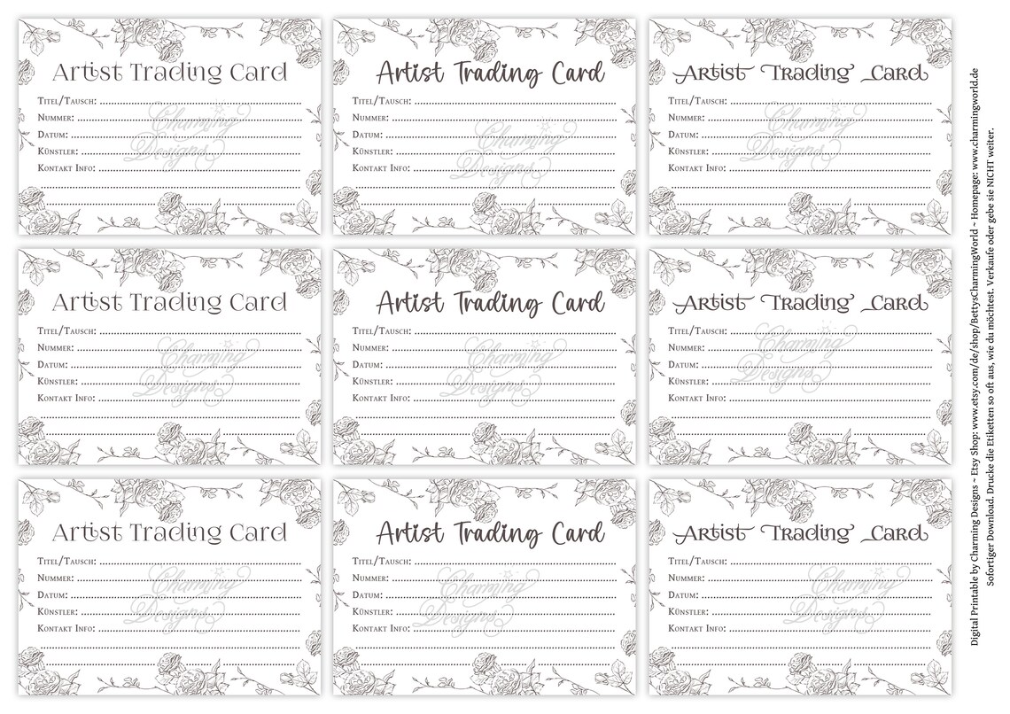 ATC Back Sides, Horizontal Artist Trading Card Label, Digital Download ...