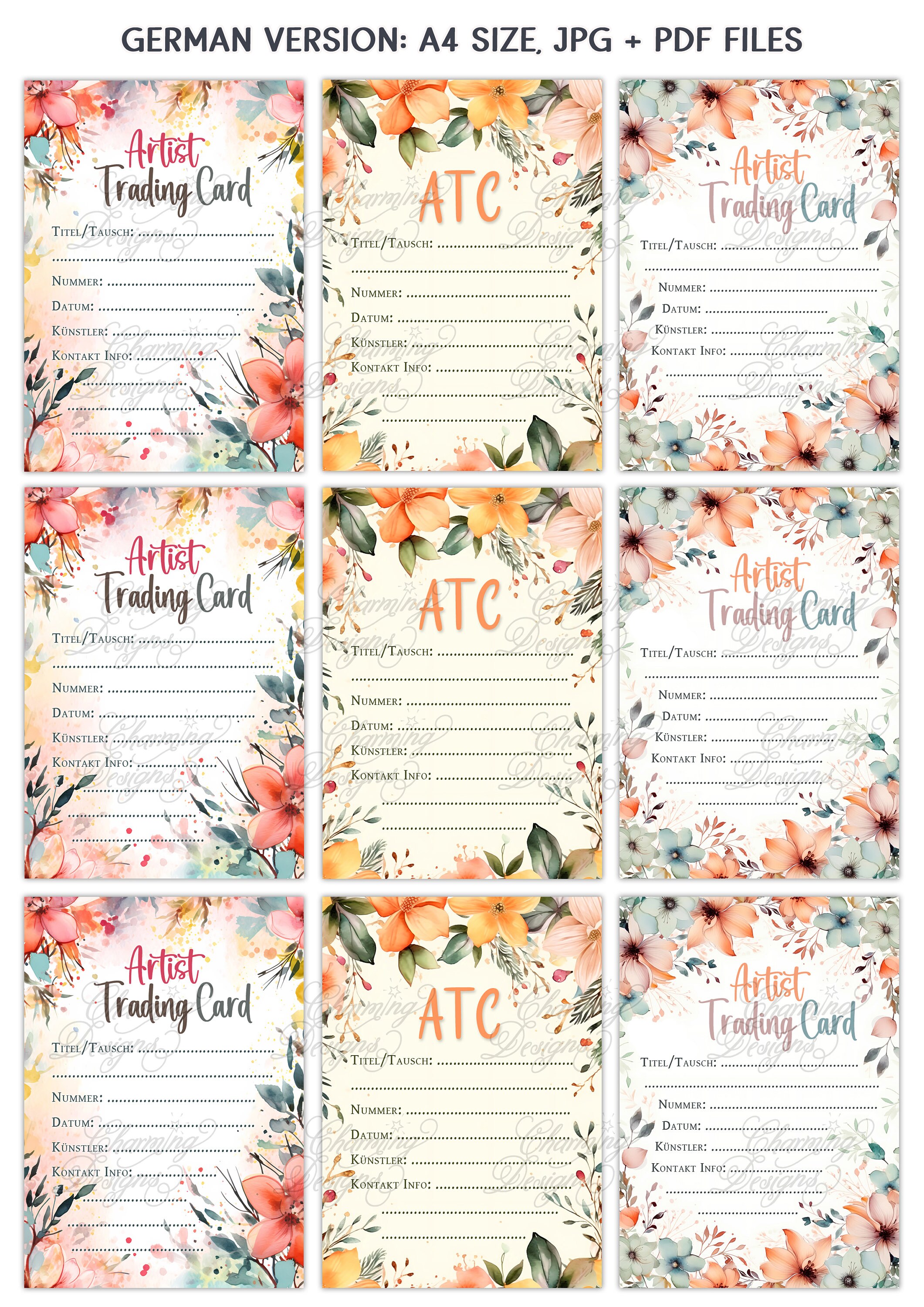 ATC Back Sides, Artist Trading Card Label, Colorful Floral ATC Backs ...