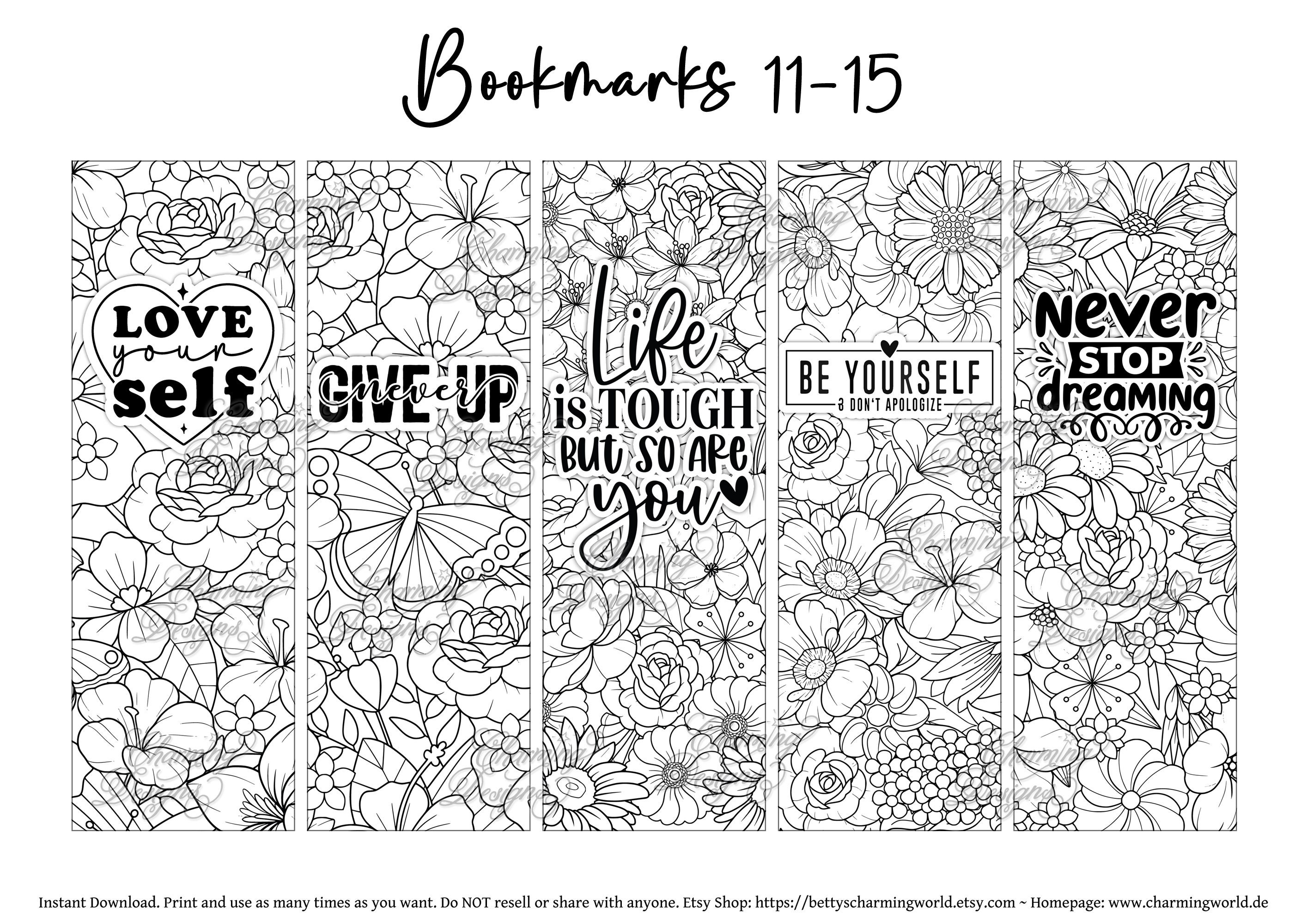 Coloring Bookmarks With Flowers, Floral Bookmarks With Positive ...