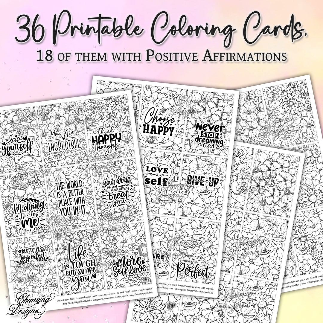 Printable Affirmation Cards, Coloring Cards With Flowers, Floral Artist ...