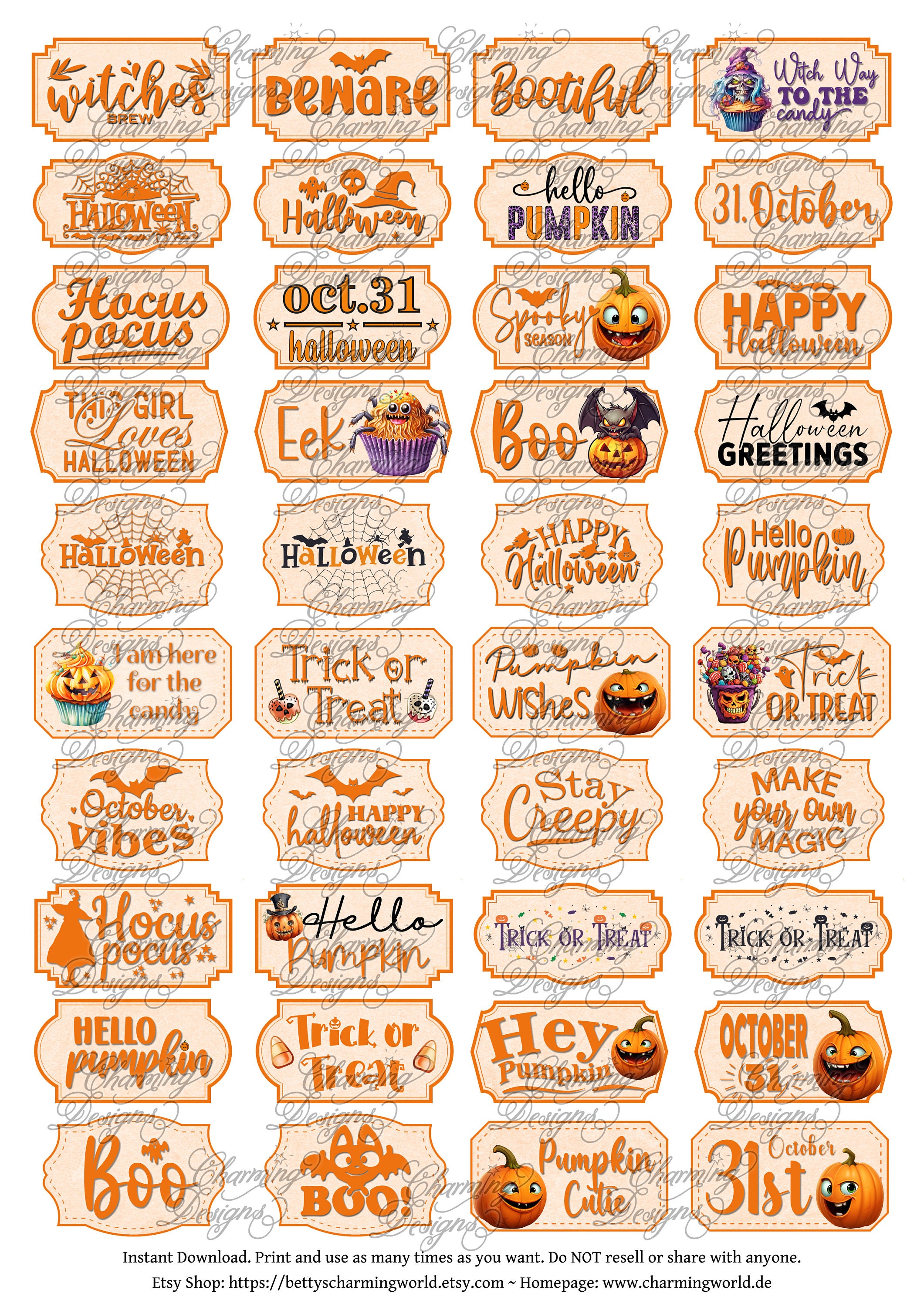 Halloween Labels, Digital Sticker, Halloween Words & Quotes, Printable ...