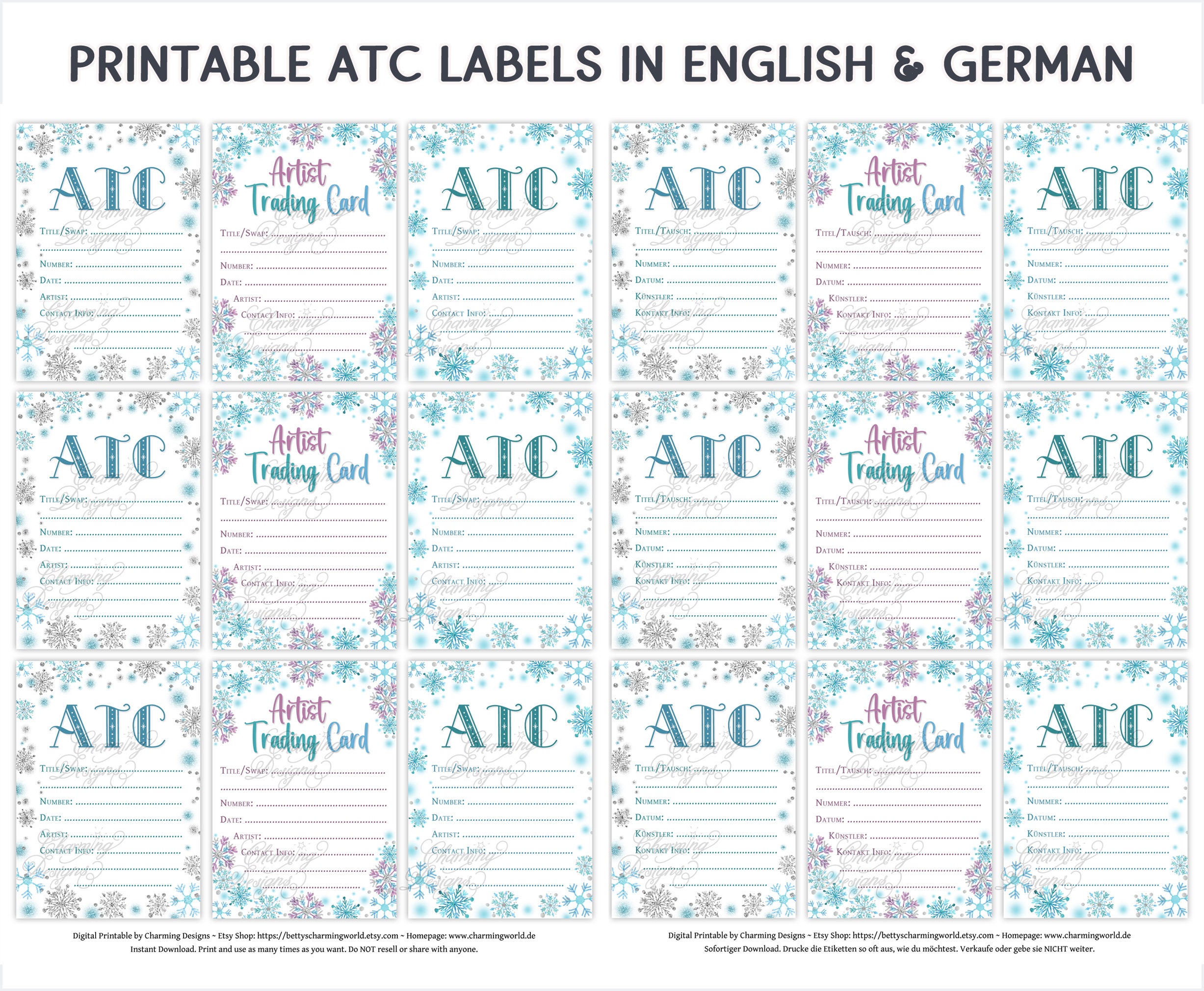 Winter ATC Back Sides, Ice Crystal Artist Trading Card Label, Digital ...