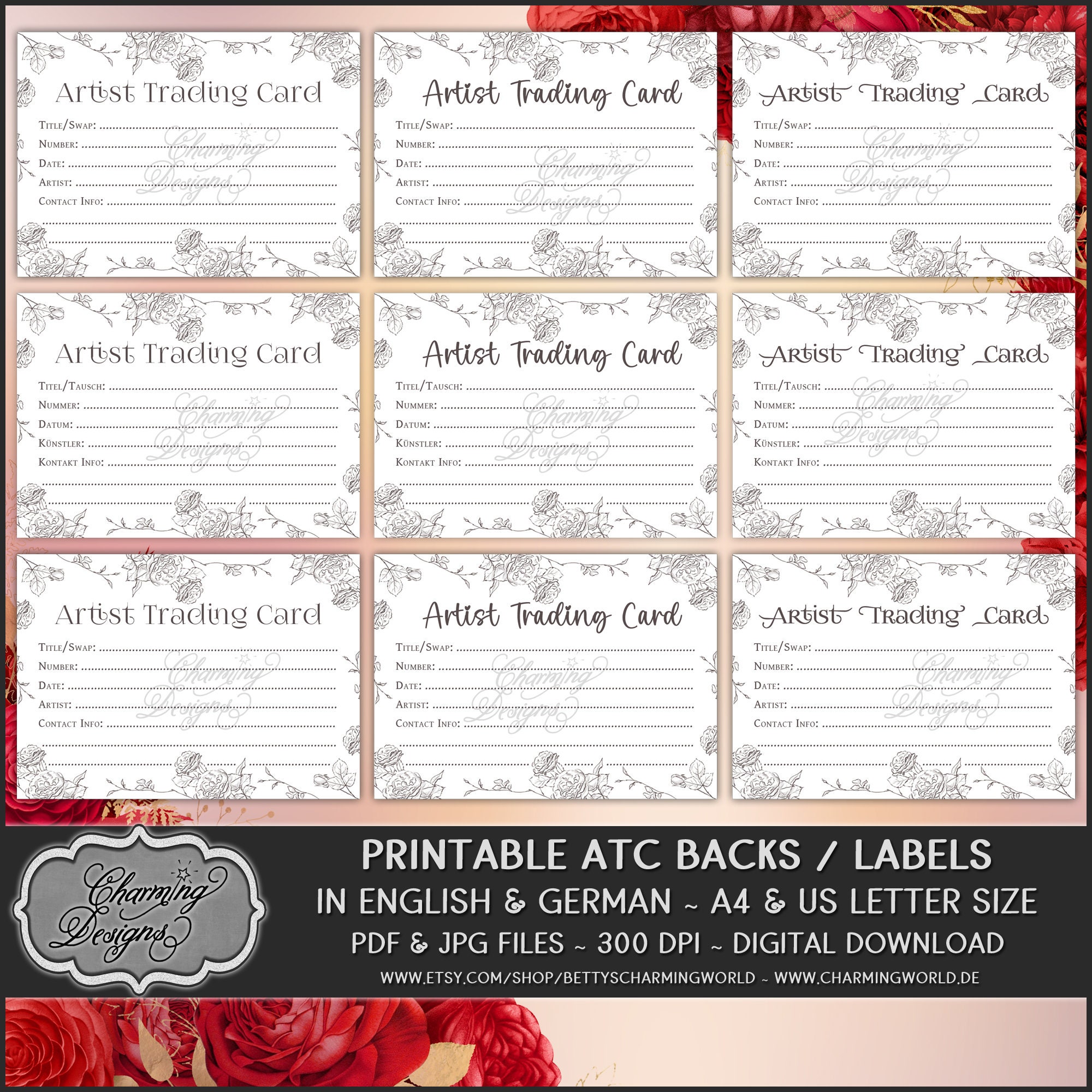 ATC Back Sides, Horizontal Artist Trading Card Label, Digital Download ...