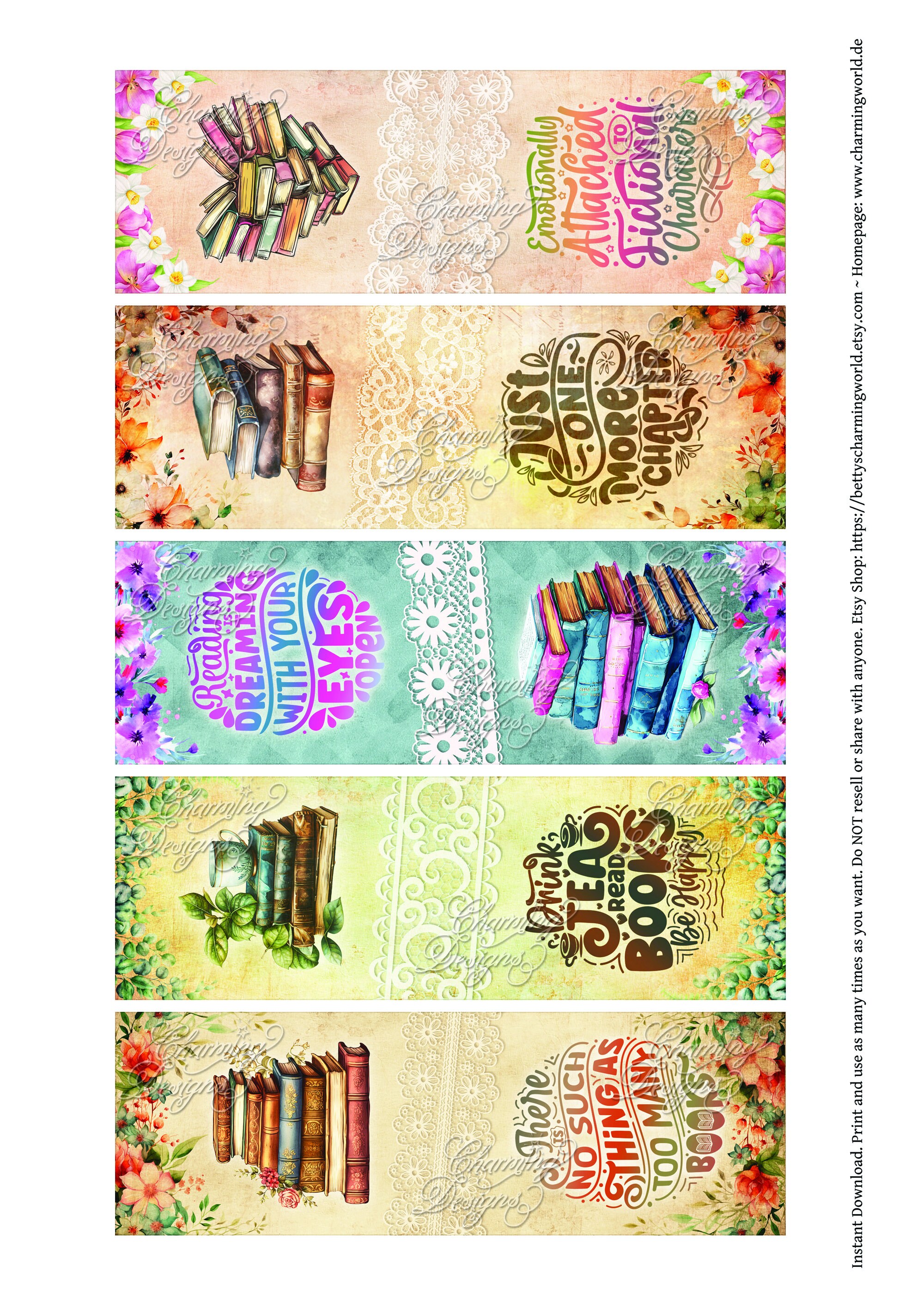 Bookmarks With Flowers and Books, Floral Bookmarks With Quotes, Digital ...