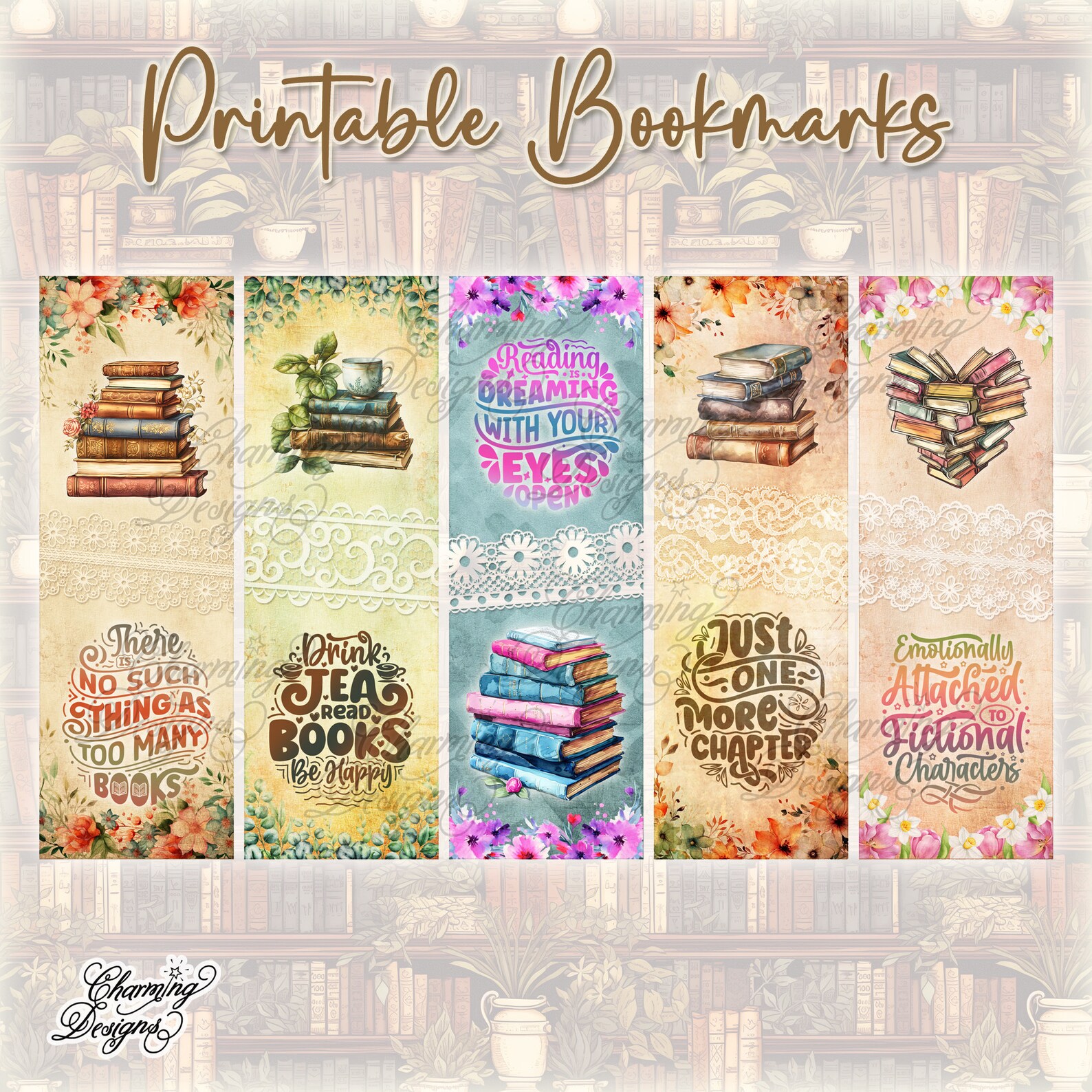 Bookmarks With Flowers and Books, Floral Bookmarks With Quotes, Digital ...