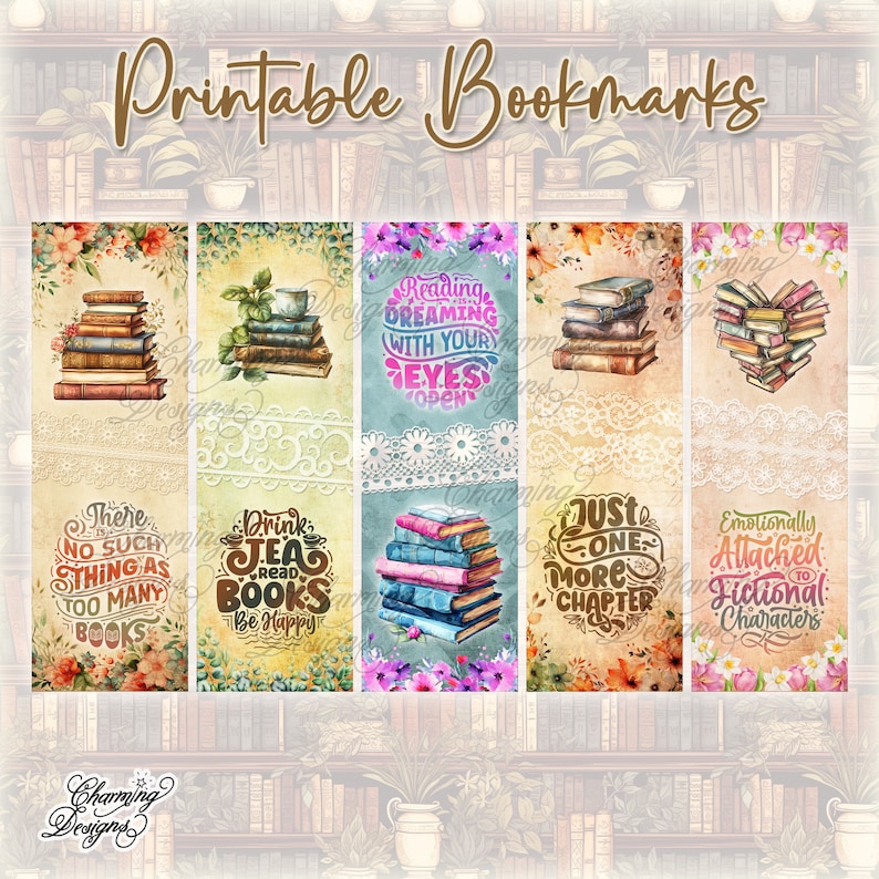 Bookmarks With Flowers and Books, Floral Bookmarks With Quotes, Digital ...