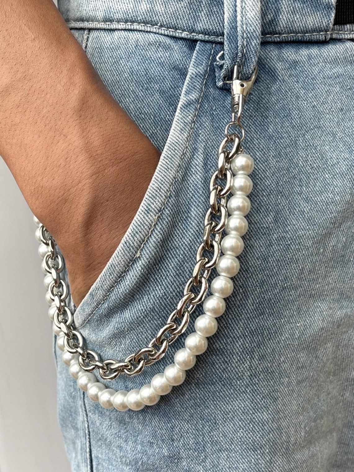 10MM Pearl Pant Chain for Men, Stainless Steel Metal Strap, Mixed Cuban ...