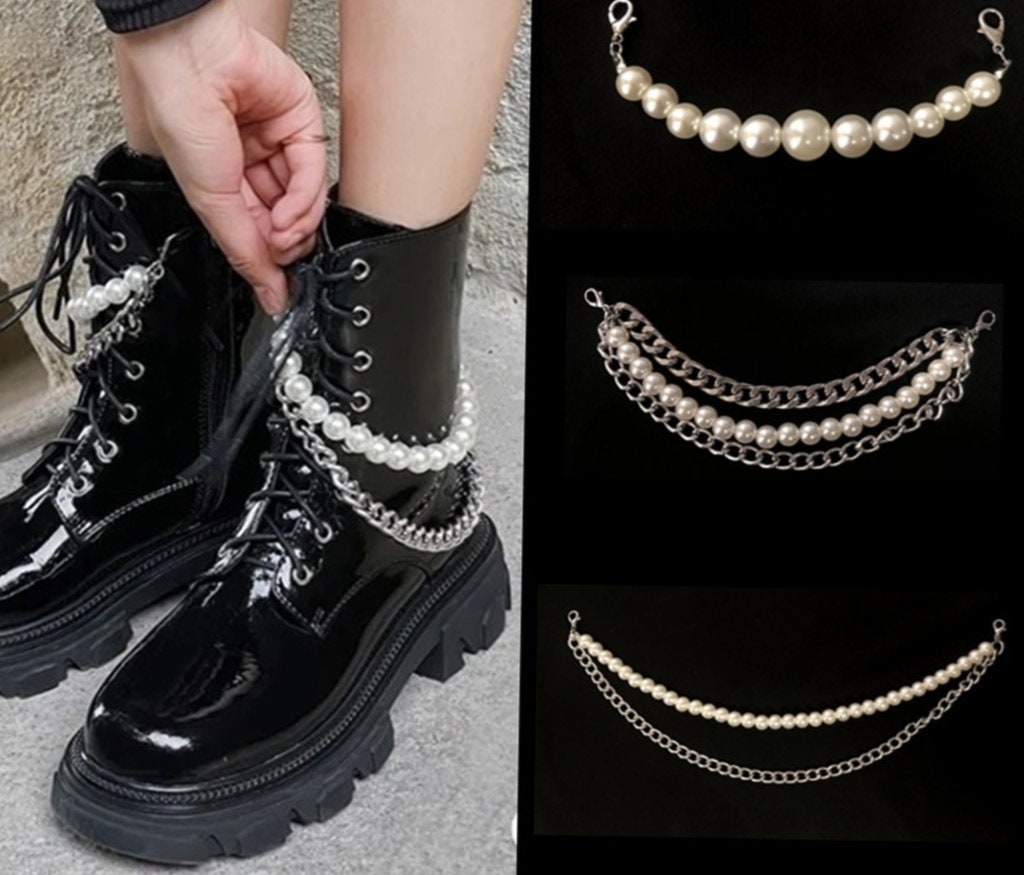 Chunky Silver Boot Chains Decoration Pearl Stainless Steel Metal Strap ...