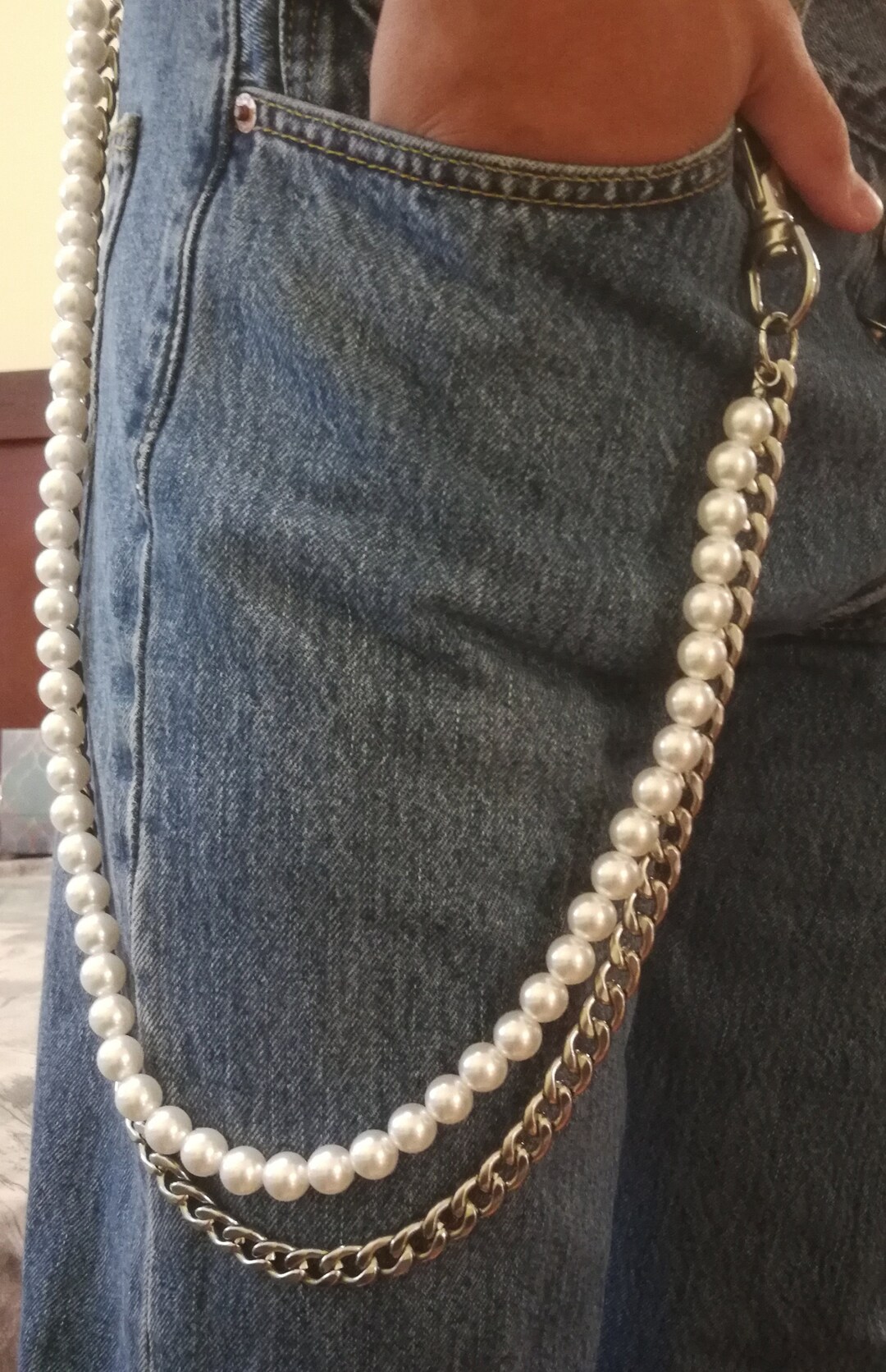 10MM Pearl Pant Chain for Men, Stainless Steel Metal Strap, Chunky ...