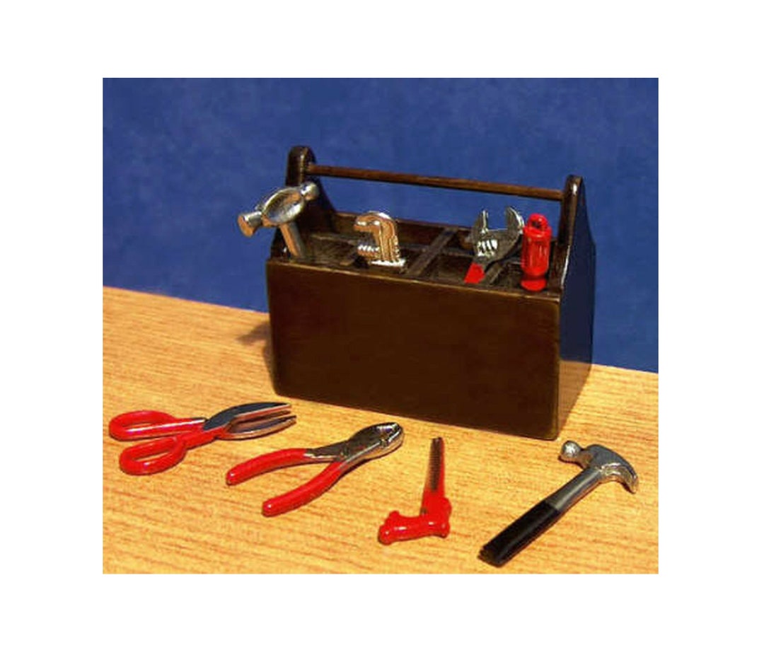 1/12 Dolls House Miniature Tools Set & Wood Toolbox Hammer Pliers Etc ...
