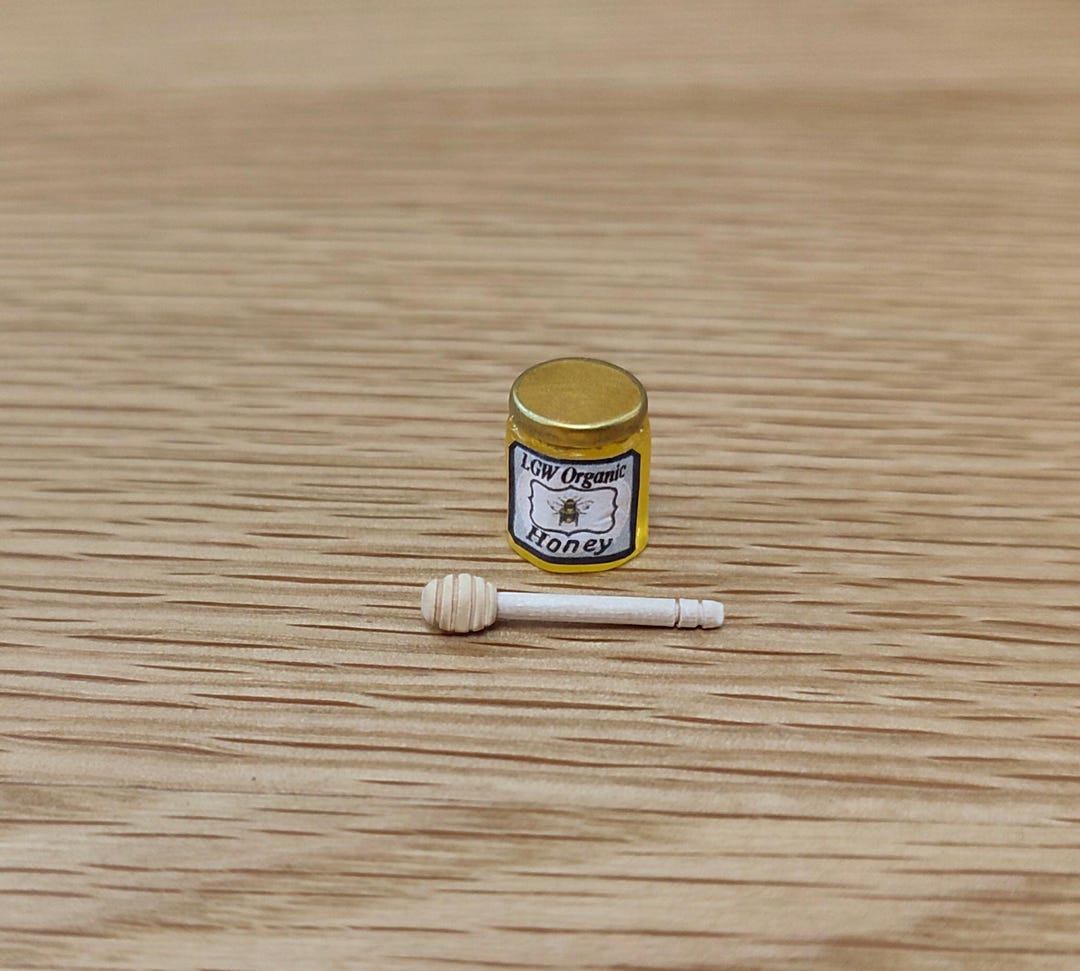 1/12 Dolls House Miniature Honey Pot Jar & Handmade Wooden Honey ...