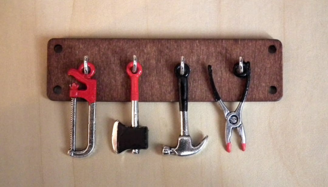 1/12 Dolls House Miniature Tools Set on Wood Shelf Rack Toolbox Hammer ...