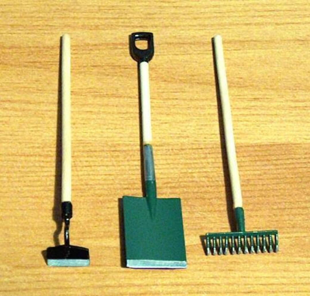 1/12 Miniature Dolls House Large Garden Hand Tools Set Rake Spade Hoe ...