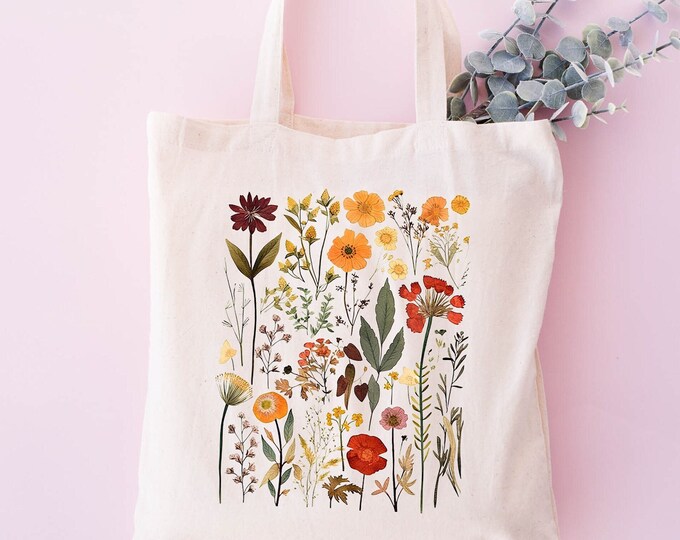 Fall Flowers Totes, Wildflowers Tote Bag, Pressed Wildflowers Totes ...