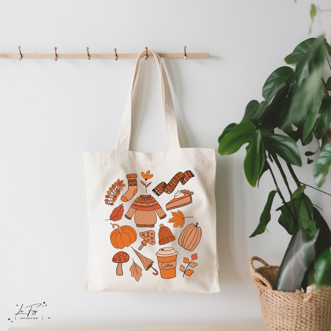 Fall Doodle Totes, Fall Tote Bag, Autumn Womens Totes, Aesthetic Autumn ...