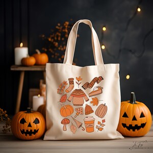 Fall Doodle Totes, Fall Tote Bag, Autumn Womens Totes, Aesthetic Autumn ...