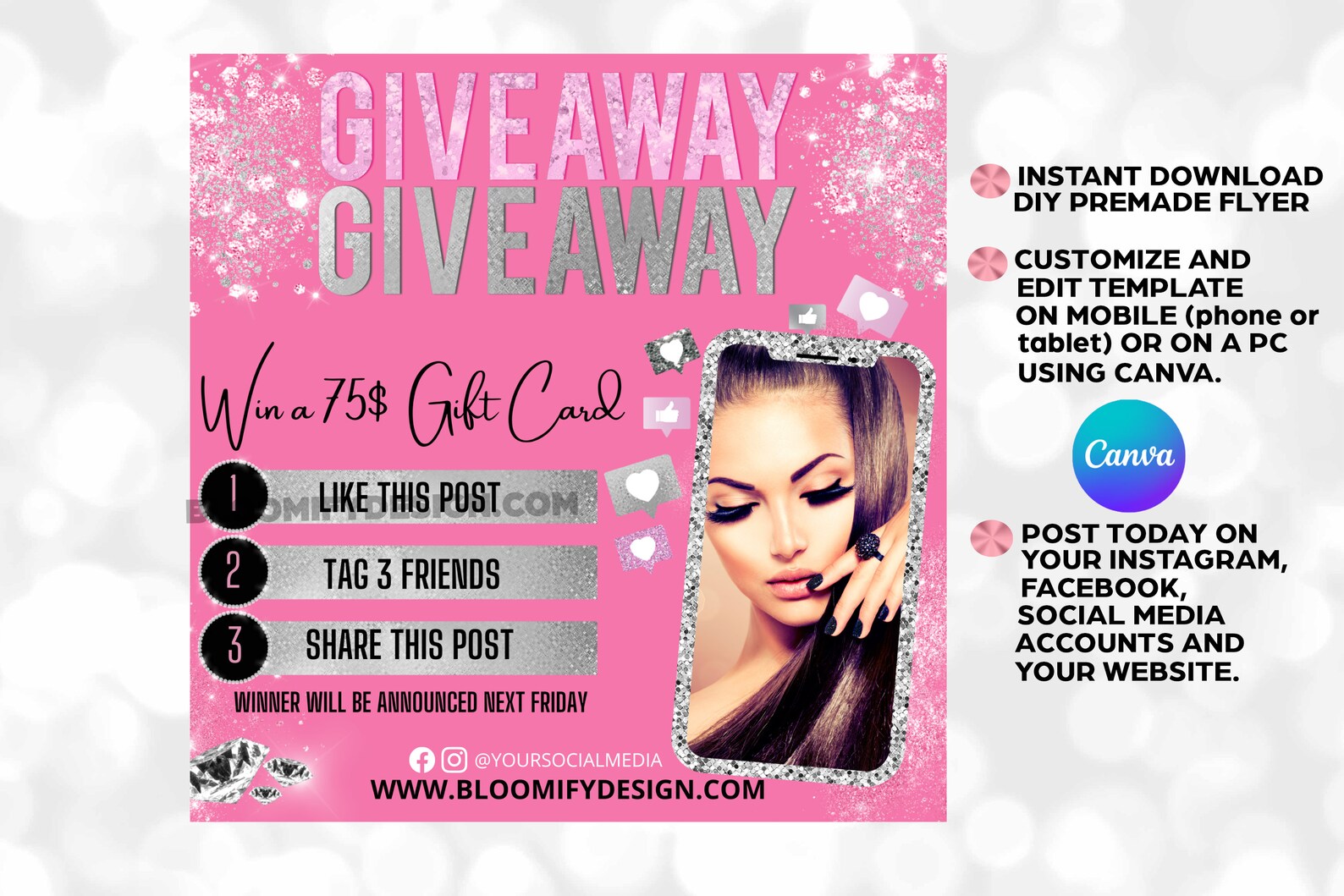 GIVEAWAY Flyer, Pink Raffle Flyer, Product Give Away Contest Flyer, New ...