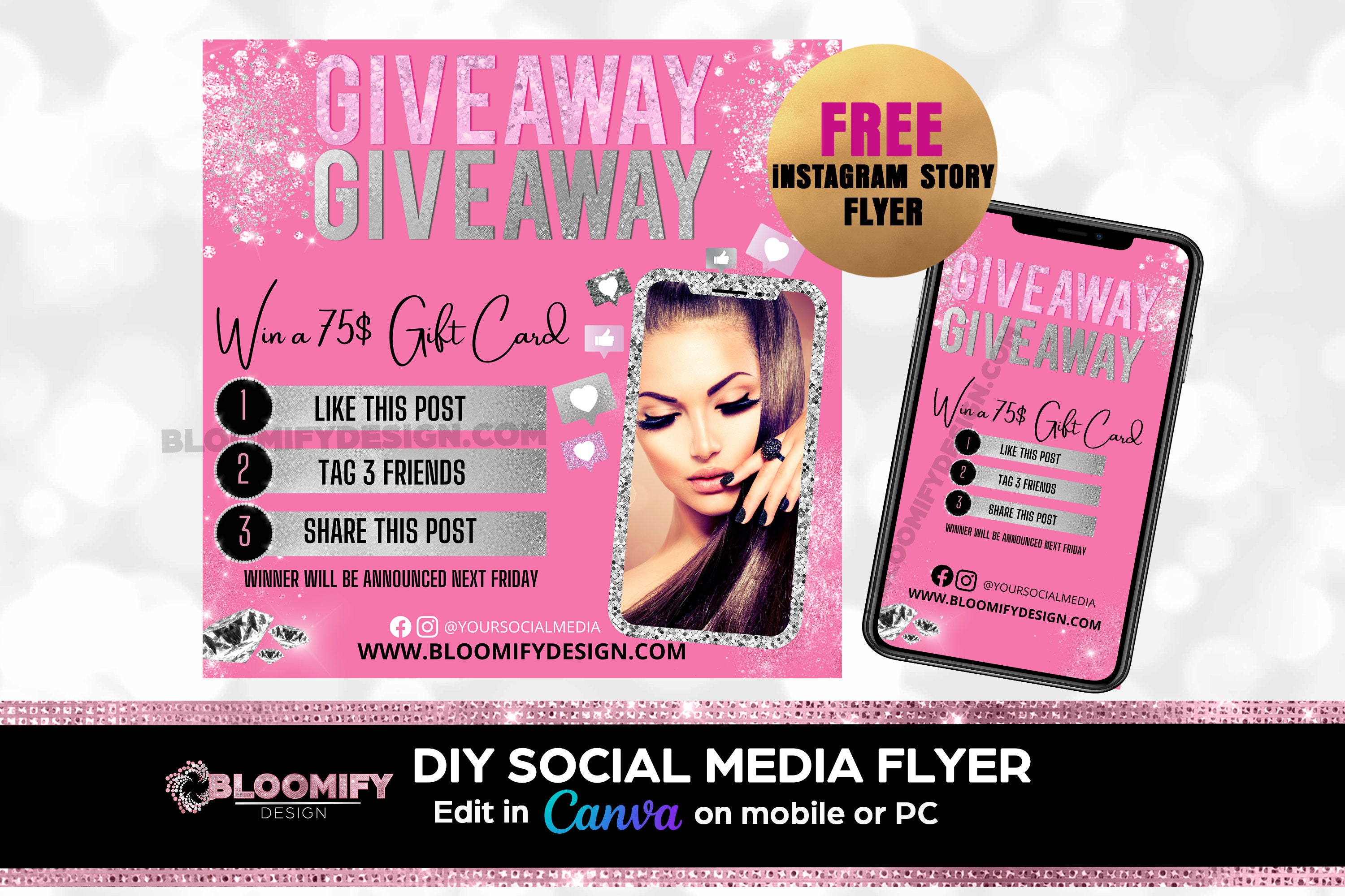 GIVEAWAY Flyer, Pink Raffle Flyer, Product Give Away Contest Flyer, New ...