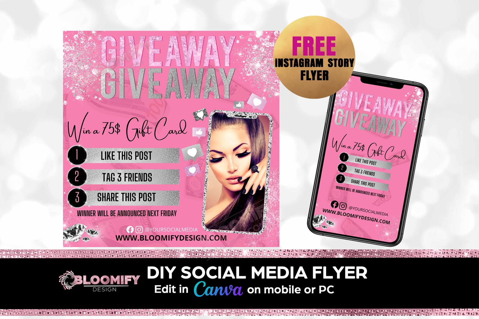 GIVEAWAY Flyer, Pink Raffle Flyer, Product Give Away Contest Flyer, New ...