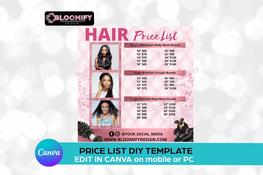 Hair Bundle PREIS Liste Flyer, Pink Pricing Flyer, Haar Perücken Preis ...