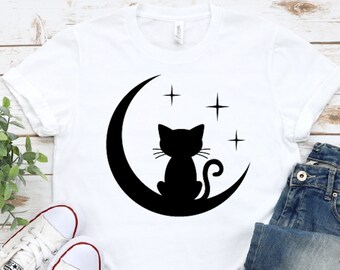 Cat Sitting on Moon Shirt, Cat Mom Shirt, Cat Lover Shirt, Cat Tshirt ...