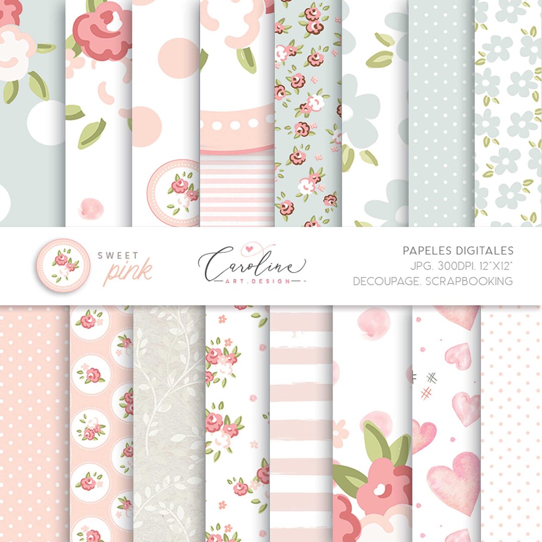 Pink Floral Digital Paper Pack, Scrapbooking, Decoupage (digital ...