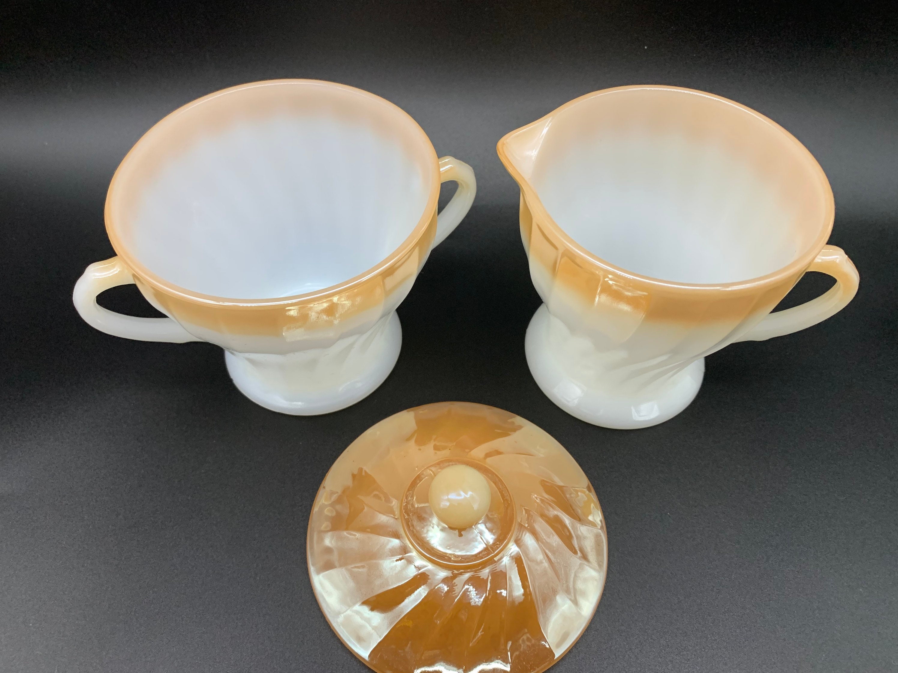 Vintage FIRE KING White and Peach Lustre Sugar Bowl With Lid / Creamer ...