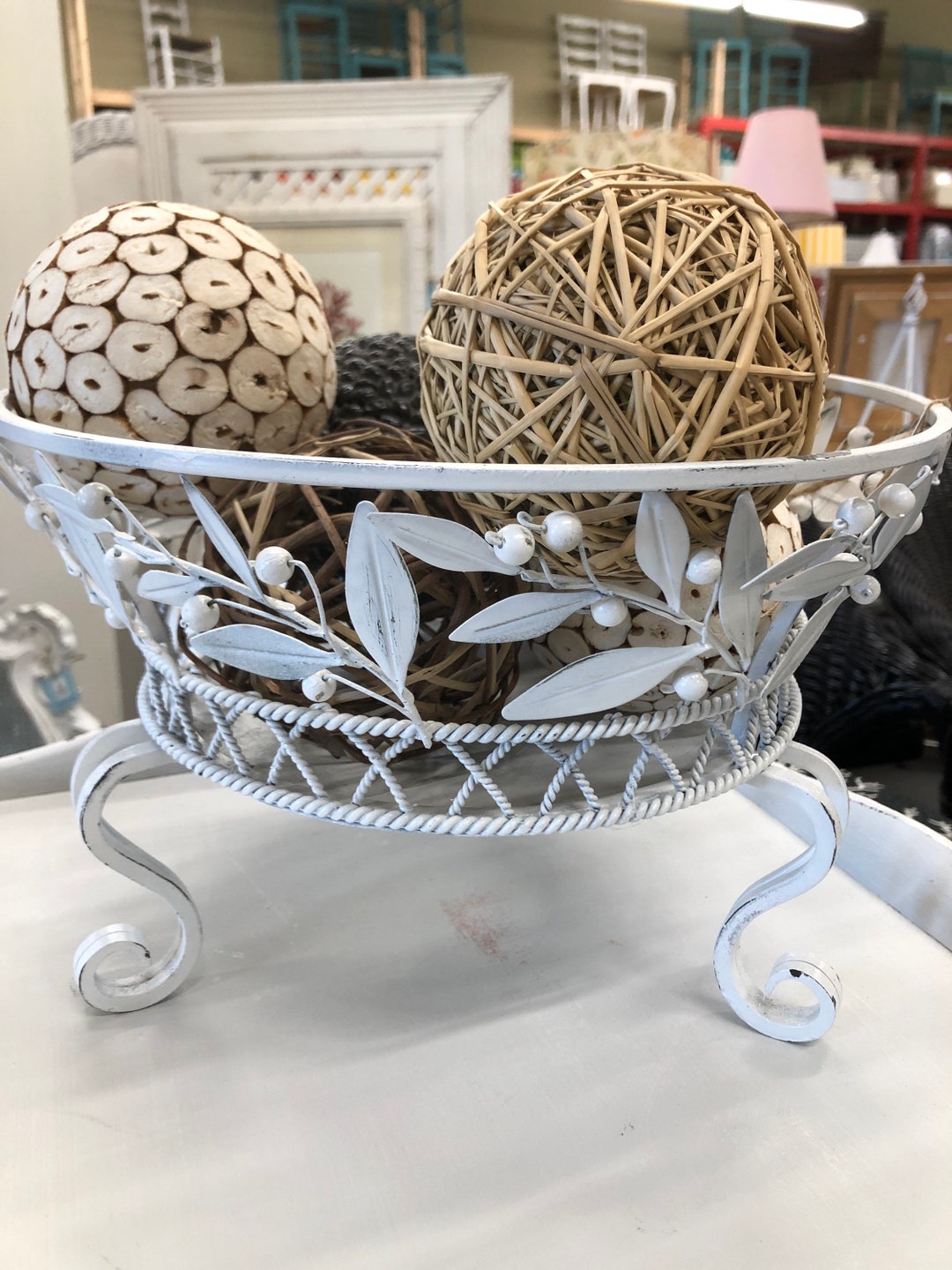 Metal Berry & Vine Basket Footed Decorative Basket White - Etsy