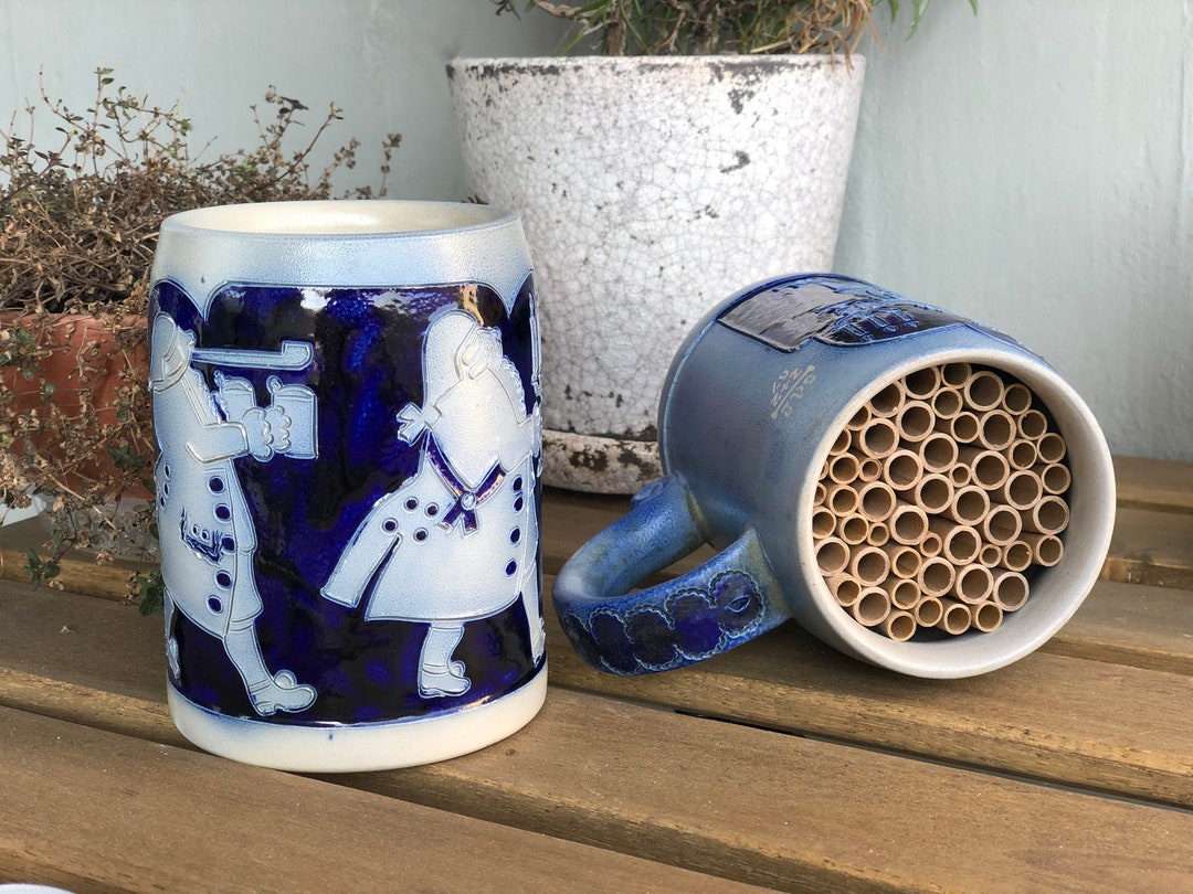Bee Hotel Blue, Vintage Bee House Made of Reused Beer Mug | Gift for ...