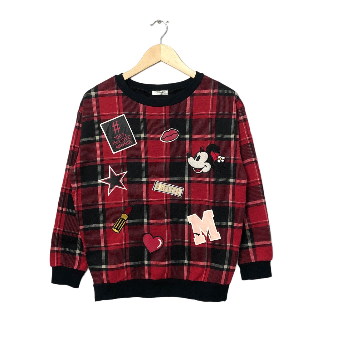 Vintage Disney Crewneck Embroidery Logo Plaid Sweatshirt Red Colour - Etsy