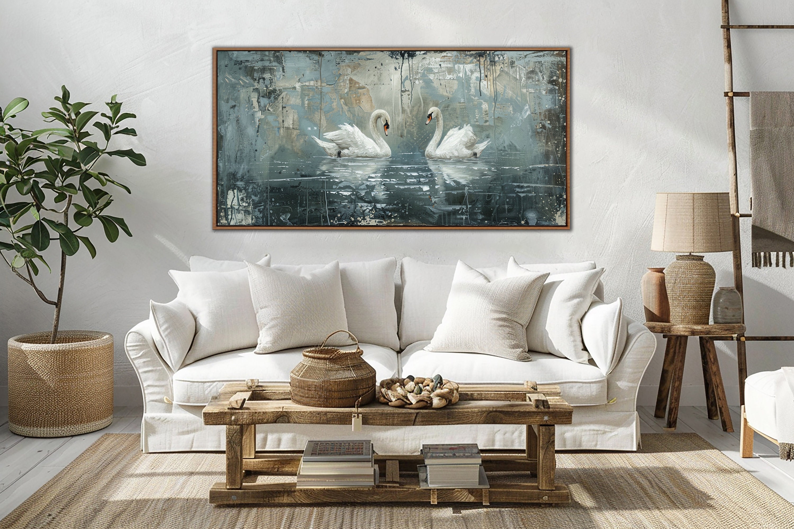 Swans Wall Art, Abstract Two White Swans Wall Decor, Vintage Swan ...