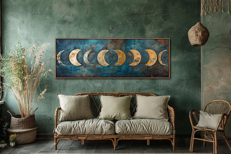 Moon Phases Wall Art, Dark Blue Abstract Celestial Sign, Vintage ...