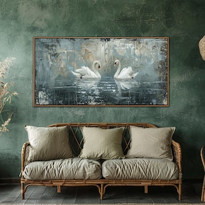 Swans Wall Art, Abstract Two White Swans Wall Decor, Vintage Swan ...