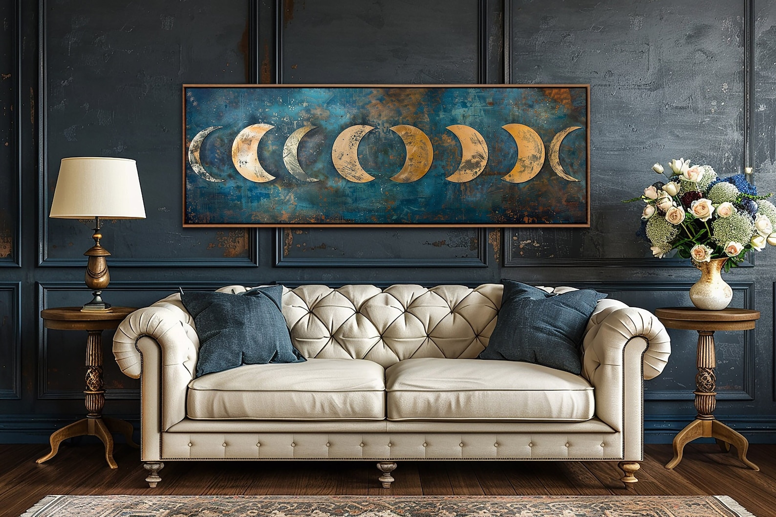 Moon Phases Wall Art, Dark Blue Abstract Celestial Sign, Vintage ...