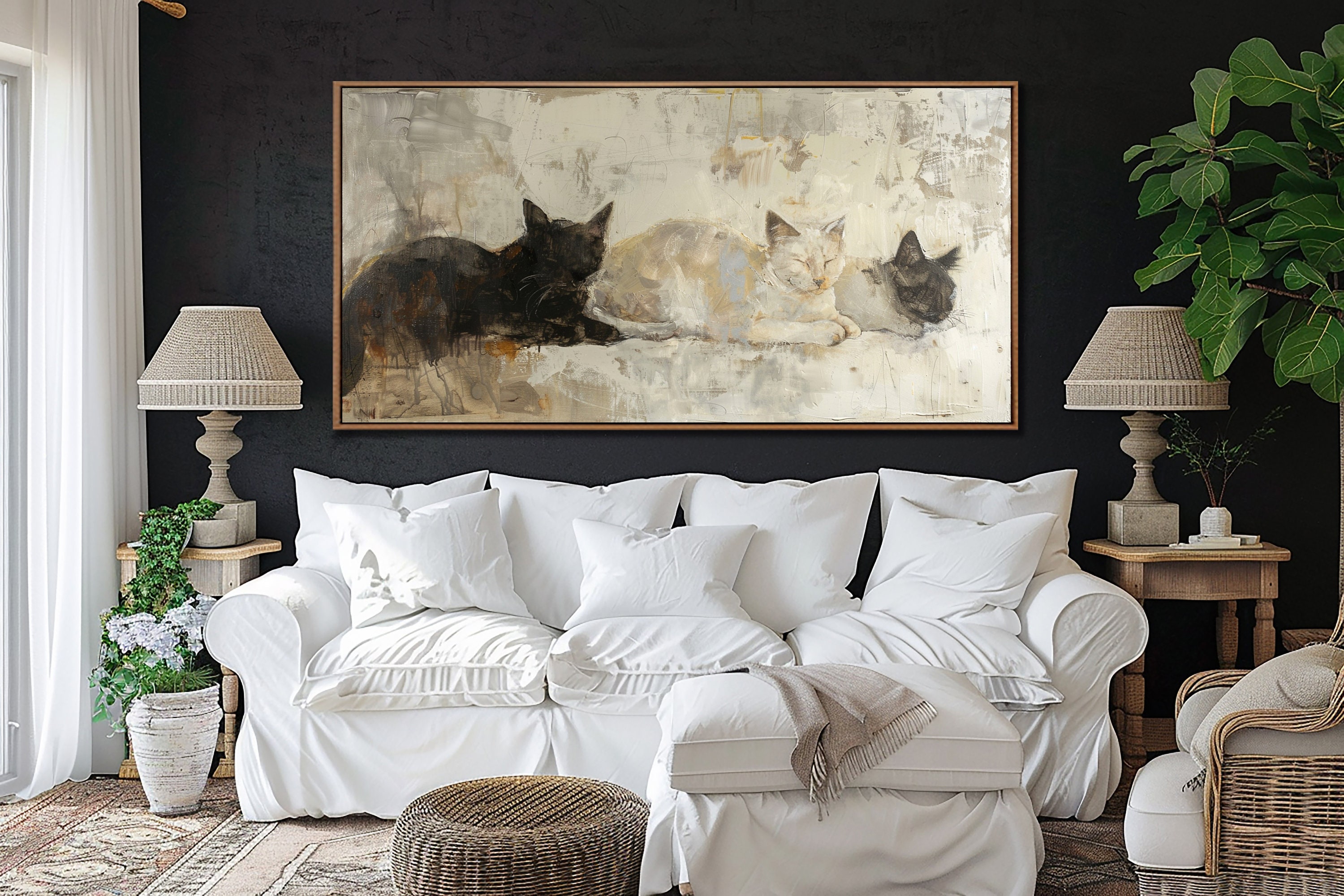 Abstract Cats Wall Art, Vintage Sleeping Cats Wall Decor, Modern ...