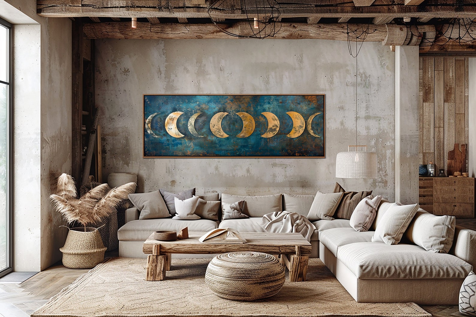 Moon Phases Wall Art, Dark Blue Abstract Celestial Sign, Vintage ...