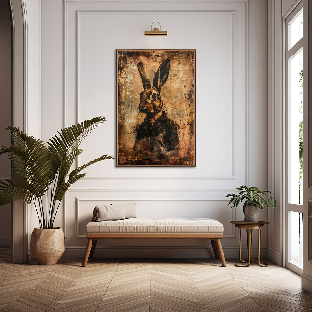 Rabbit Portrait Wall Art, Vintage Rabbit Wall Decor, Rustic Farmhouse ...