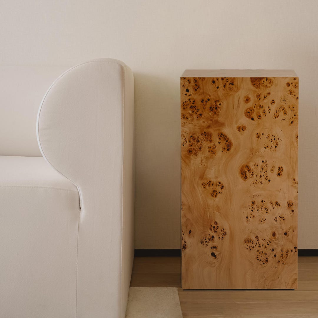 Burlwood Veneer Plinth Table: Modern Nightstand or Side Table (35x35x60 ...