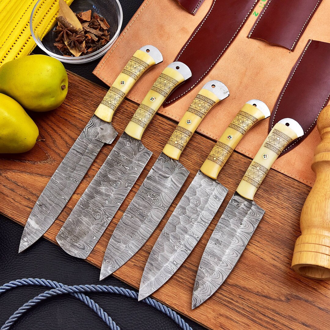 Handmade Damascus Chef Set of 5pcs With Leather Sheath, Damascus Knife ...