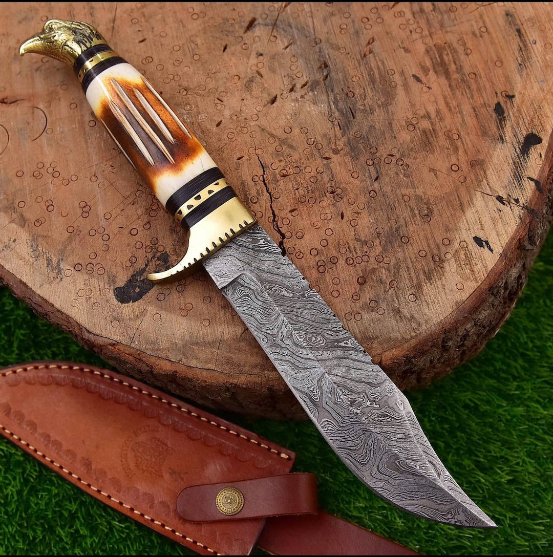 Handmade Damascus Steel Hunting Knife Camel Bone Handle With Sheath ...