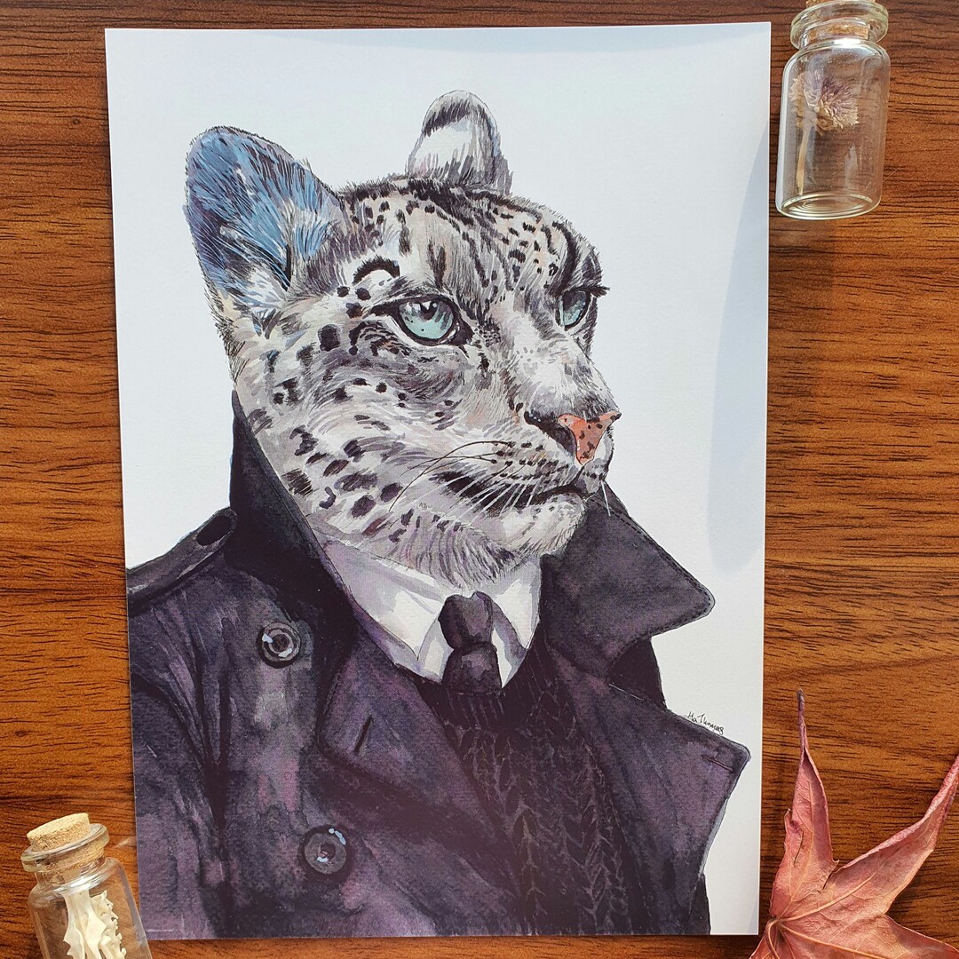 Dapper Snow Leopard Art, A5 Wall Art, Animals in Clothes, Snow Leopard ...