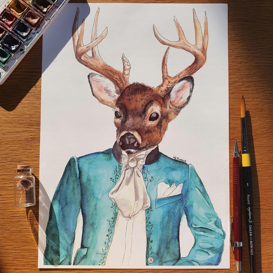 Dapper Stag Portrait, A4 Wall Art Print, Regency Deer Painting, Furry ...