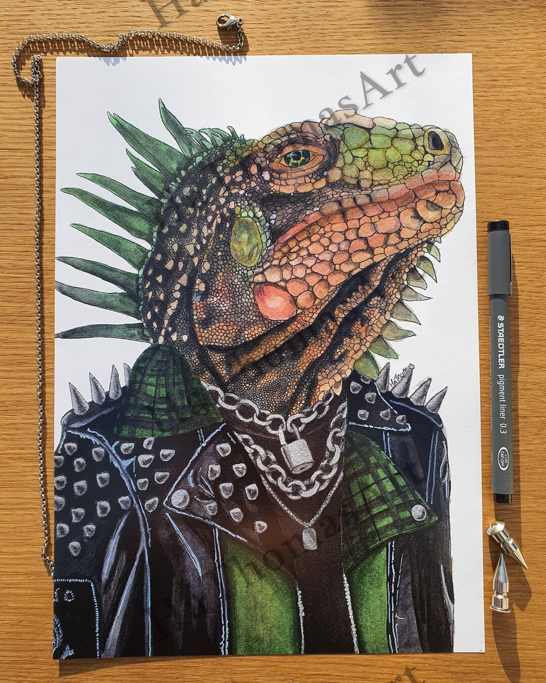 Dapper Punk Iguana, A4 Art Print, Lizard in Leather Jacket Art, Animals ...