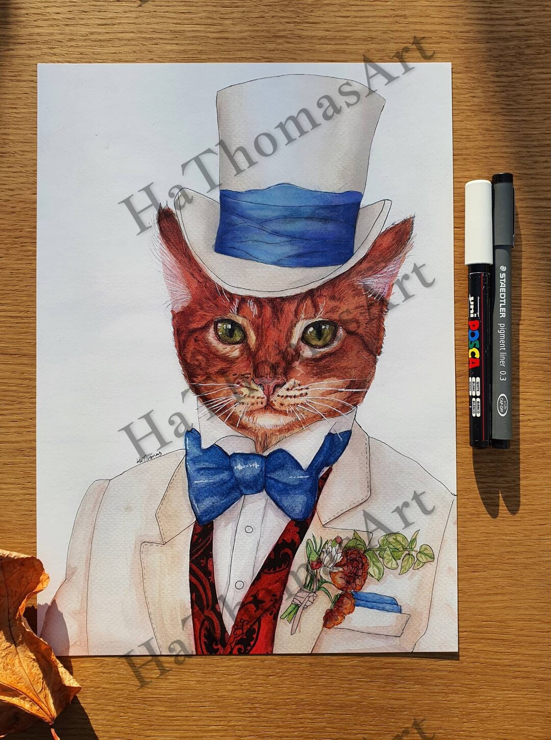 Dapper Cat Portrait, A5 Wall Art Print, Ginger Cat Painting, Furry ...